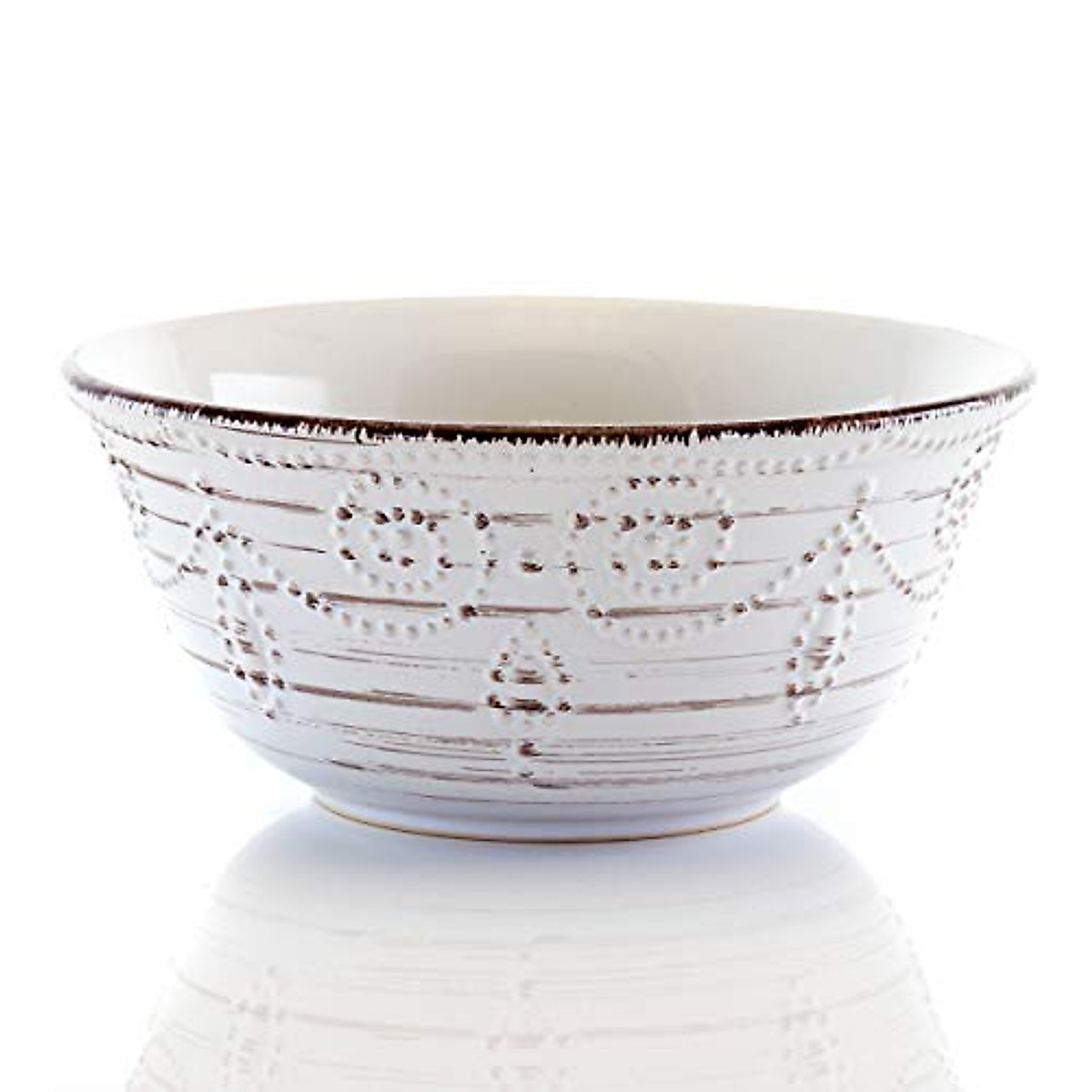 Elama Rustic Birch 16 Piece Embossed Scalloped Stoneware Round Dinnerware Set in White with Brown Accents