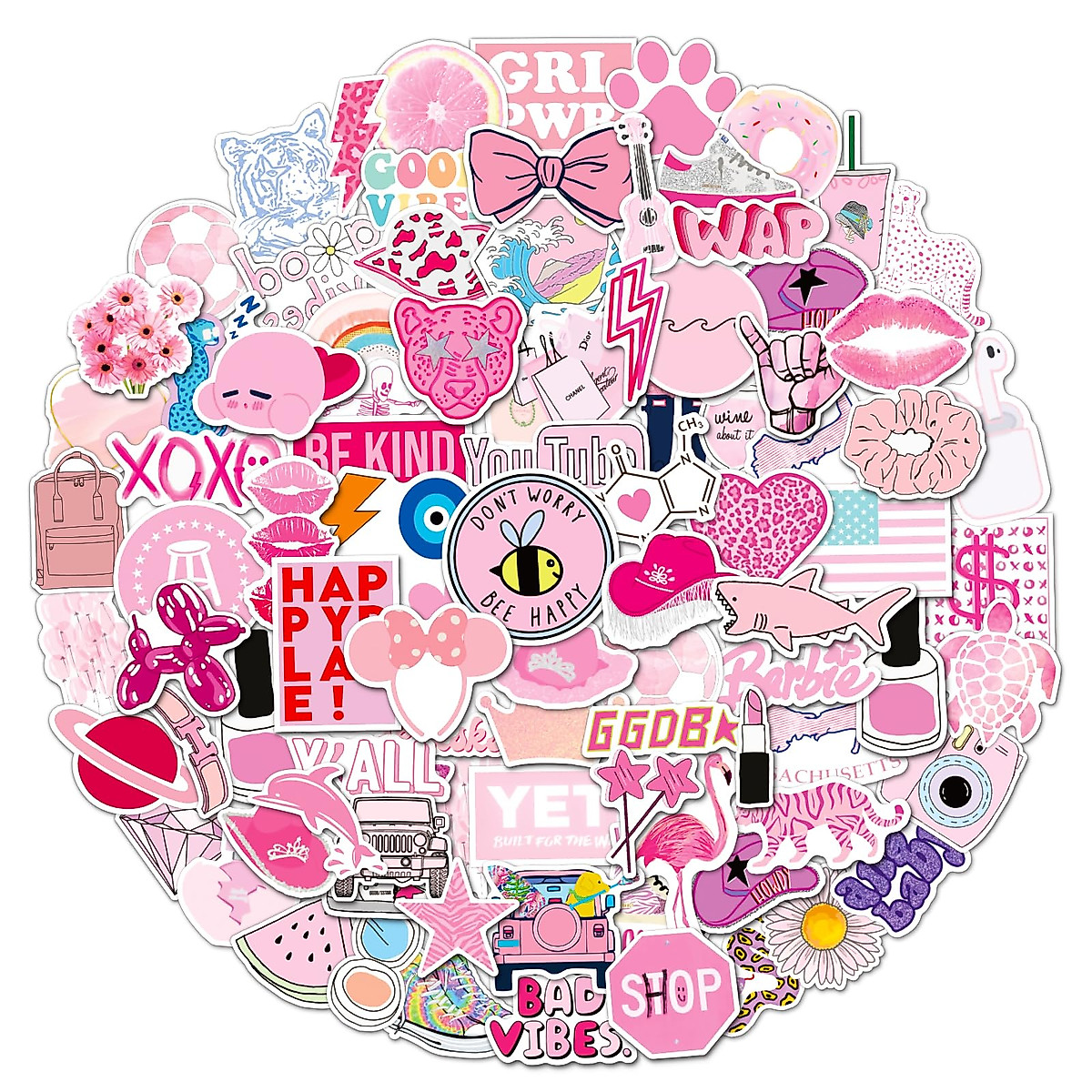 Pterosauria 100 PCS Preppy Stickers Pink Vinyl Waterproof Matte Modern Cartoon Stickers Pack for Bumper, Laptop, Water Bottle, Car, Phone, Hard hat