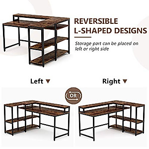 Tribesigns 55 Inch Reversible L Shaped Computer Desk with Storage Shelf, Industrial Corner Desk with Shelves and Monitor Stand, Study Writing Table for Home Office (55" D x 41" W, Rustic Brown)