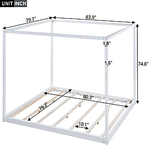 Merax Wooden Canopy Platform Bed Frame King Size Floor Bed/Mattress Foundation with Slat Support White