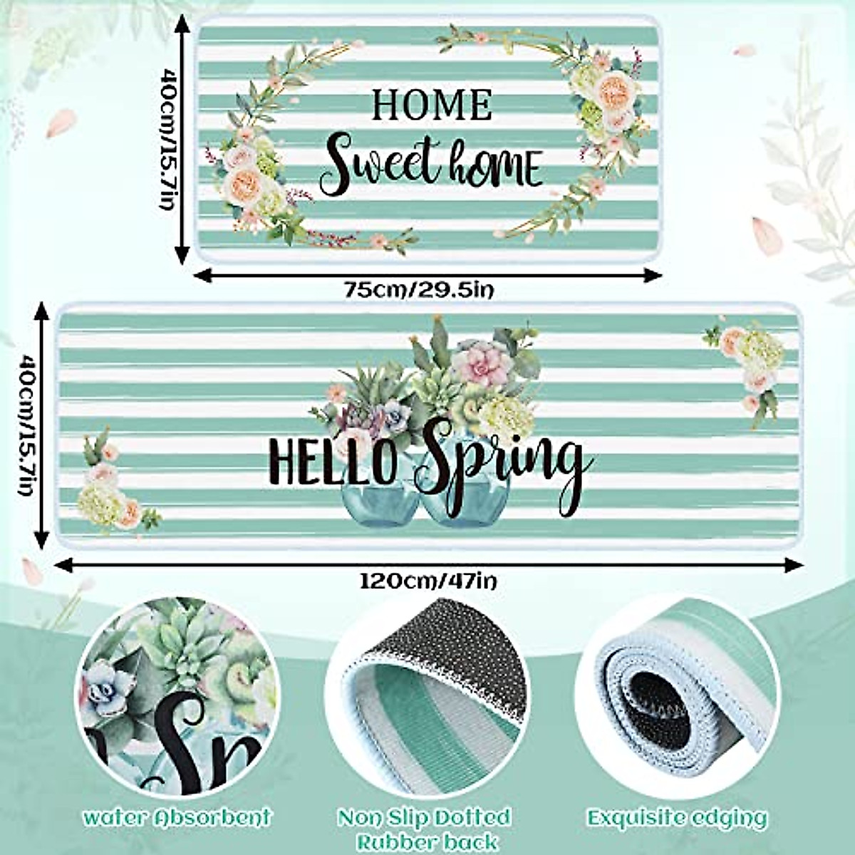 Hello Spring Sweet Home Kitchen Rugs Sets of 2 Spring Flowers Non Slip Floor Mat Watercolor Stripes Decorative Rug Washable Rubber Backing Inside Door Mat Pad for Kitchen Bathroom Farmhouse Decoration