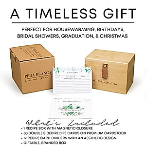 Pera Blanca Recipe Box with Cards and Dividers | Recipe Card Box Faux Leather Handle | 50 Eucalyptus Patterned Recipe Cards and Box Set | Wooden Recipe Box | Housewarming Gifts | Wood Recipe Box 4x6