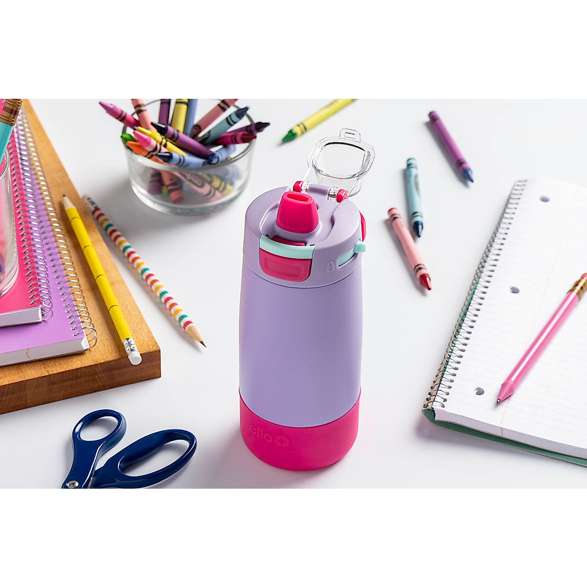 Ello Kids Colby 12oz Stainless Steel Insulated Water Bottle with Straw and Built-In Silicone Coaster (Lilac/Pink)