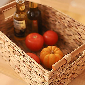 Water Hyacinth Storage Basket Hand-Woven Storage Baskets with Wooden Handle Decorative Wicker Storage Basket for Organizing Bathroom/Bedroom/Laundry Room/Pantry