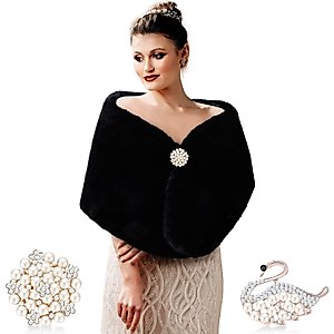 Jadive Women's Faux Fur Shawl Wrap Fake Fur Stoles Scarf Shrug Bridal Winter Wedding Evening Dress with 2 Rhinestone Brooches(Black, Classic, Classic)