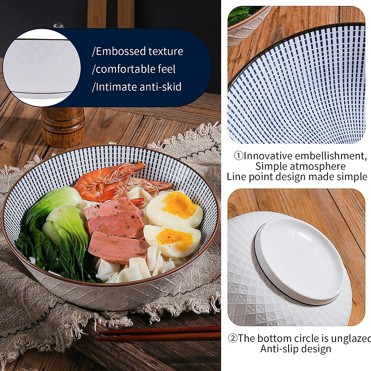 AnBnCn 40 OZ Large Ceramic Bowls Set of 4 - Blue and White Porcelain - Ideal for Pho, Ramen, Salad, Soup, Cereal and Fruit - Dishwasher & Microwave Safe(Assorted Patterns)