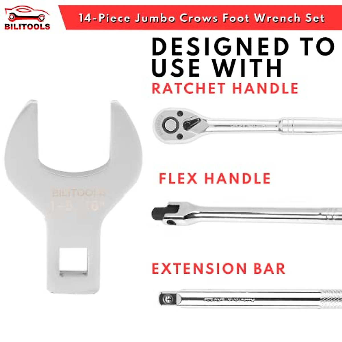 BILITOOLS 14-Piece Jumbo Crows Foot Wrench Set, 1/2" Drive Big Crowfoot Wrench, SAE, 1-1/16" - 2" mm, CR-V Steel
