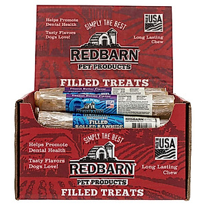 Redbarn Filled Rolled Rawhide for Dogs, Peanut Butter Flavor - Premium High Protein Low Fat Chew Treat - Case of 24