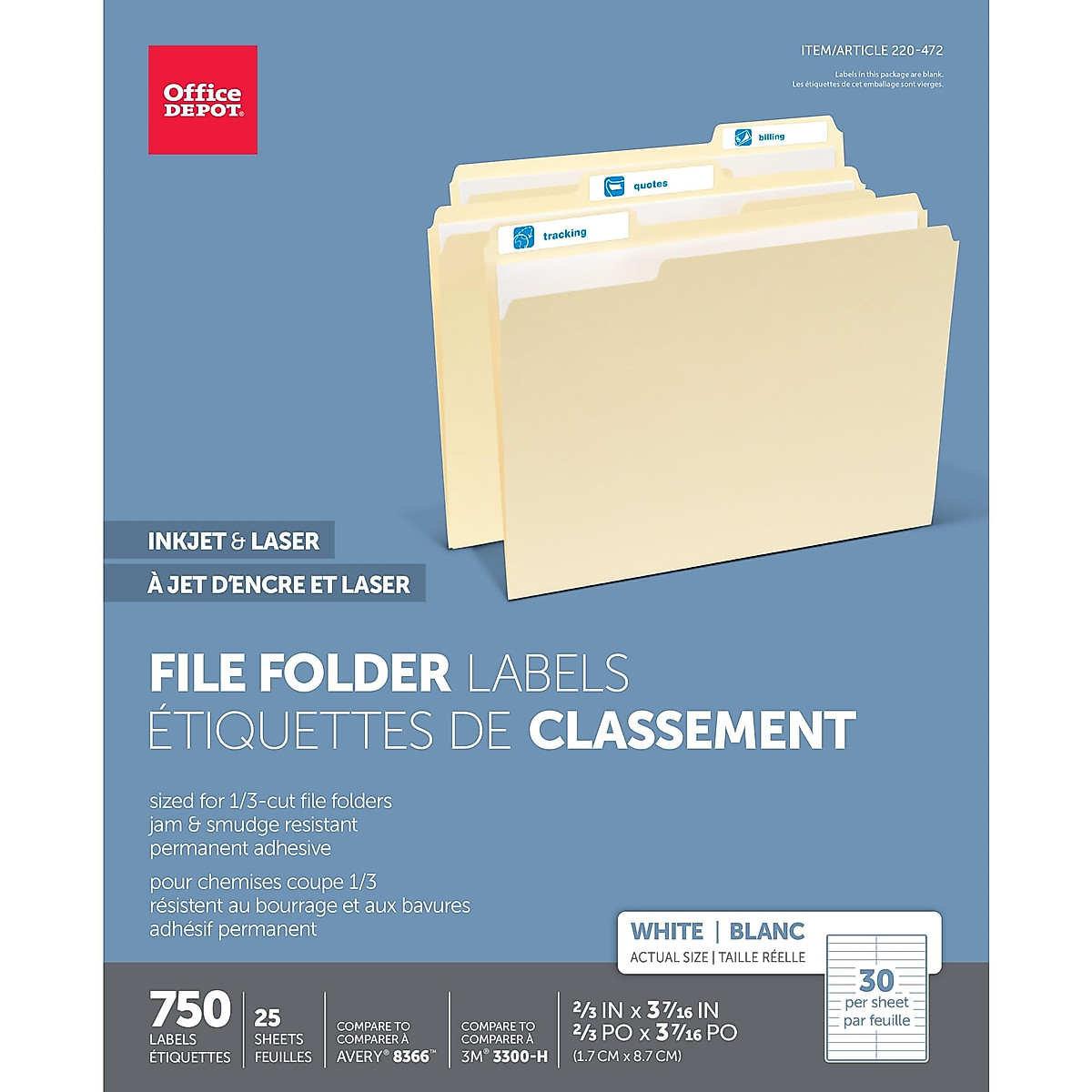 Office Depot White Permanent Inkjet/Laser File Folder Labels, 2/3in. x 3 7/16in., White, Pack of 750, 505-0004-0011