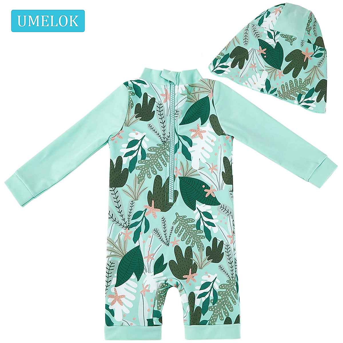Baby Girls Swimsuit UPF 50+ Sun Protection One Piece Bathing Suits with Hat (Green Tropical plants, 3-6 months)