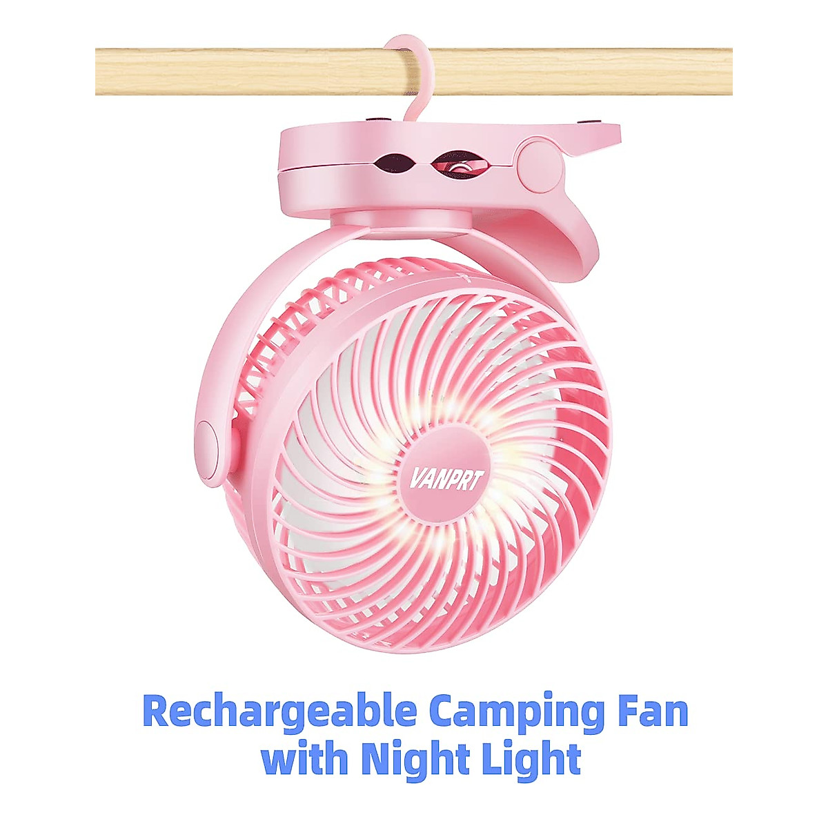 VANPRT 6'' Portable Hanging RV Tent fan with Remote Control,10000mAh Battery Camping Fan with LED light and Timer, 40 Hours Working Time Rechargeable Clip Fan, as Emergency Power - Pink