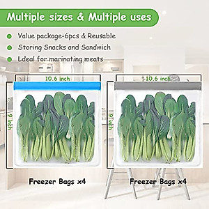 AGMZ Reusable Food Storage Bags - 6 Pack(3 Grey & 3 Blue) - EXTRA THICK Reusable Freezer Bags - BPA Free, Easy Seal & LEAKPROOF Food Storage Bags for Marinate Food, Fruits, Sandwich, Snack, Meal Prep, Travel Item