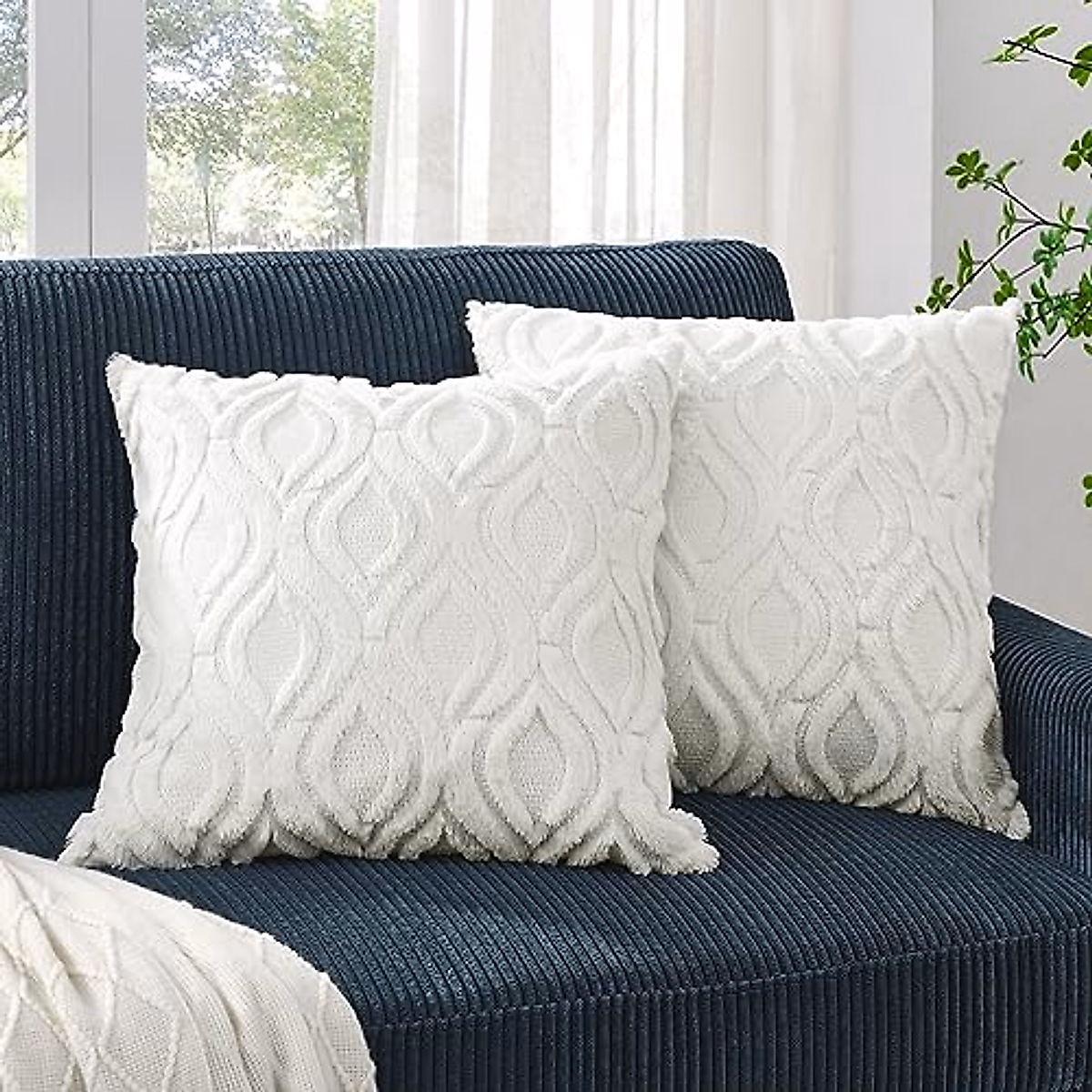 Volcanics Decorative Throw Pillow Covers 18x18 Inch, Faux Wool Plush Couch Cushion Cases Soft Fluffy Boho Pillowcases, Set of 2, Cream Beige