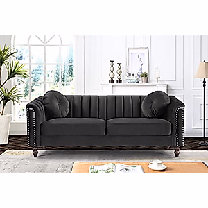 US Pride Furniture 75'' Mid-Century Modern Velvet Sofa Chesterfield Inspired Luxury 3 Seater Couch for Living Room with Removable Cushions and Turned Wood Legs, Black