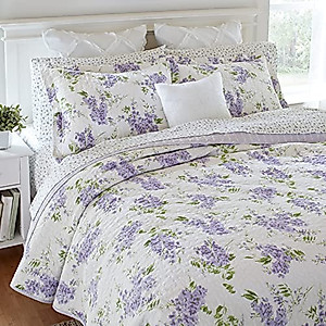 Laura Ashley - Queen Quilt Set, Reversible Cotton Bedding with Matching Shams, Lightweight Decor for All Seasons (Keighley Lilac, Queen)