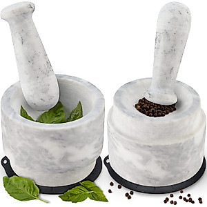 Laevo White Marble Mortar and Pestle Set (Large) | Stone Spice Grinder | 2.1 Cup Capacity | 5.5 inch | Reversible | Molcajete Mexicano | Guacamole, Pesto, Spices | Large Mortar & Pestles | Gift Set