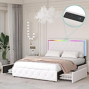 Queen Bed Frame with Adjustable LED Headboard White, Upholstered Metal Platform Bed Frame with 4 Under Bed Storage Drawers on Wheels and Charging Station, No Box Spring Needed, Easy Assembly