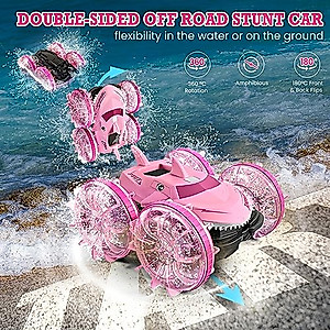 FUUY Amphibious RC Boat 360-degree Flips Waterproof Remote Control Car Monster Trucks LED Pink 4WD Roate Stunt Car Lake Pool Toys for Kids Ages 8-12