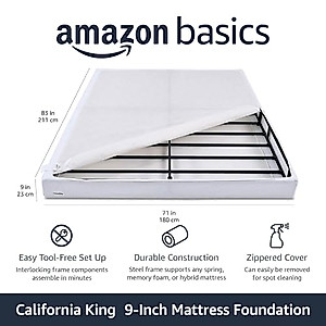 Amazon Basics Smart Box Spring Bed Base, 9-Inch Height Mattress Foundation, Tool-Free Easy Assembly, Cal King, 83"L x 71"W x 9"H, White
