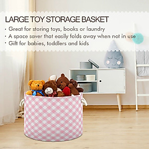 Kigai Storage Basket Pink Gingham Round Toy Baskets Foldable Nursery Organizer Waterproof Inner Layer with Sturdy Handles Clothes Laundry Hamper Bin