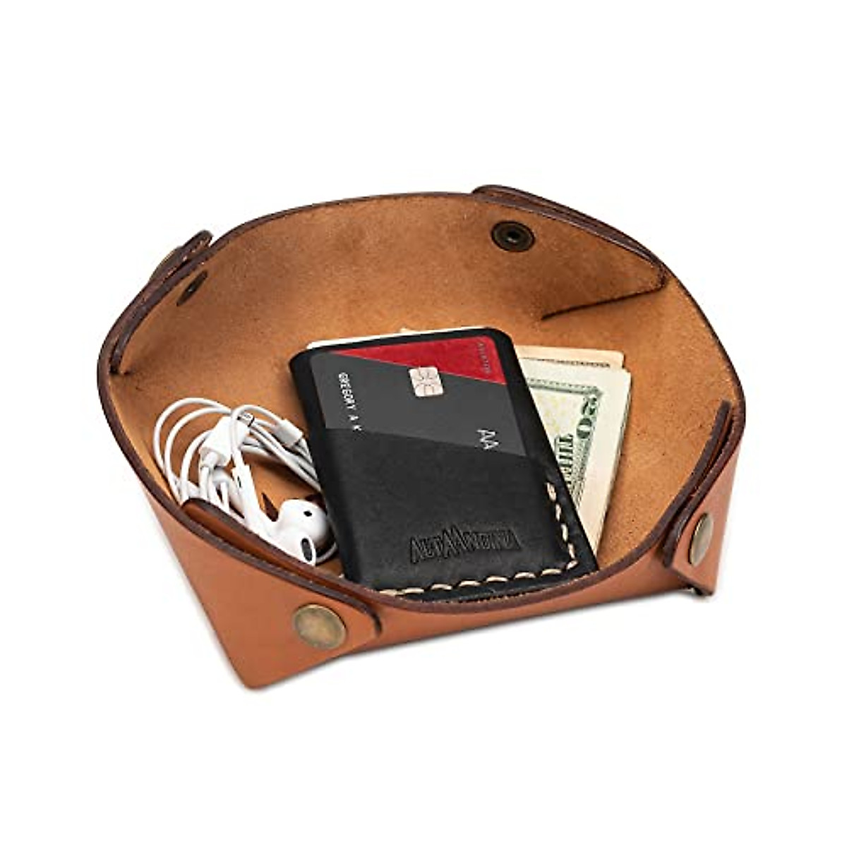 Alta Andina Large Leather Travel Valet Tray | Vegetable Tanned Leather Catchall | Collapsable, Unfolds Flat | Nightstand & Dresser Organizer for Women & Men (Brown – Miel)