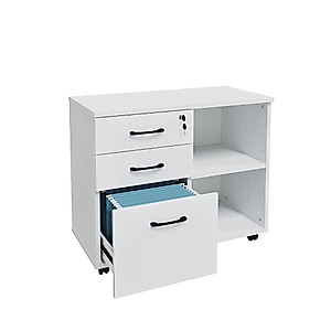 Gyger 3 Drawer File Cabinet for Home Office, Lateral Filing Cabinet with Open Storage Shelf, Mobile Lateral Printer Stand with Wheels and Storage，Wood File Cabinet with Lock(White)