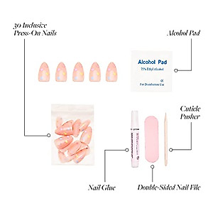 Glamnetic Press On Nails - Sugar Rush | Short Almond, Semi-Transparent Nude Nail with Pastel Heart Accents | 15 Sizes - 30 Nail Kit with Glue