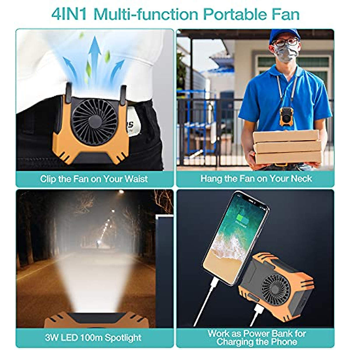 FANCYWING Portable Waist Clip Fan,4 In 1 Personal Necklace Cooling Fan with Flashlight, Belt Fan Support Hanging Neck,USB Rechargeable Fan,3 Speeds Wearable Fan for Working Camping Hiking…