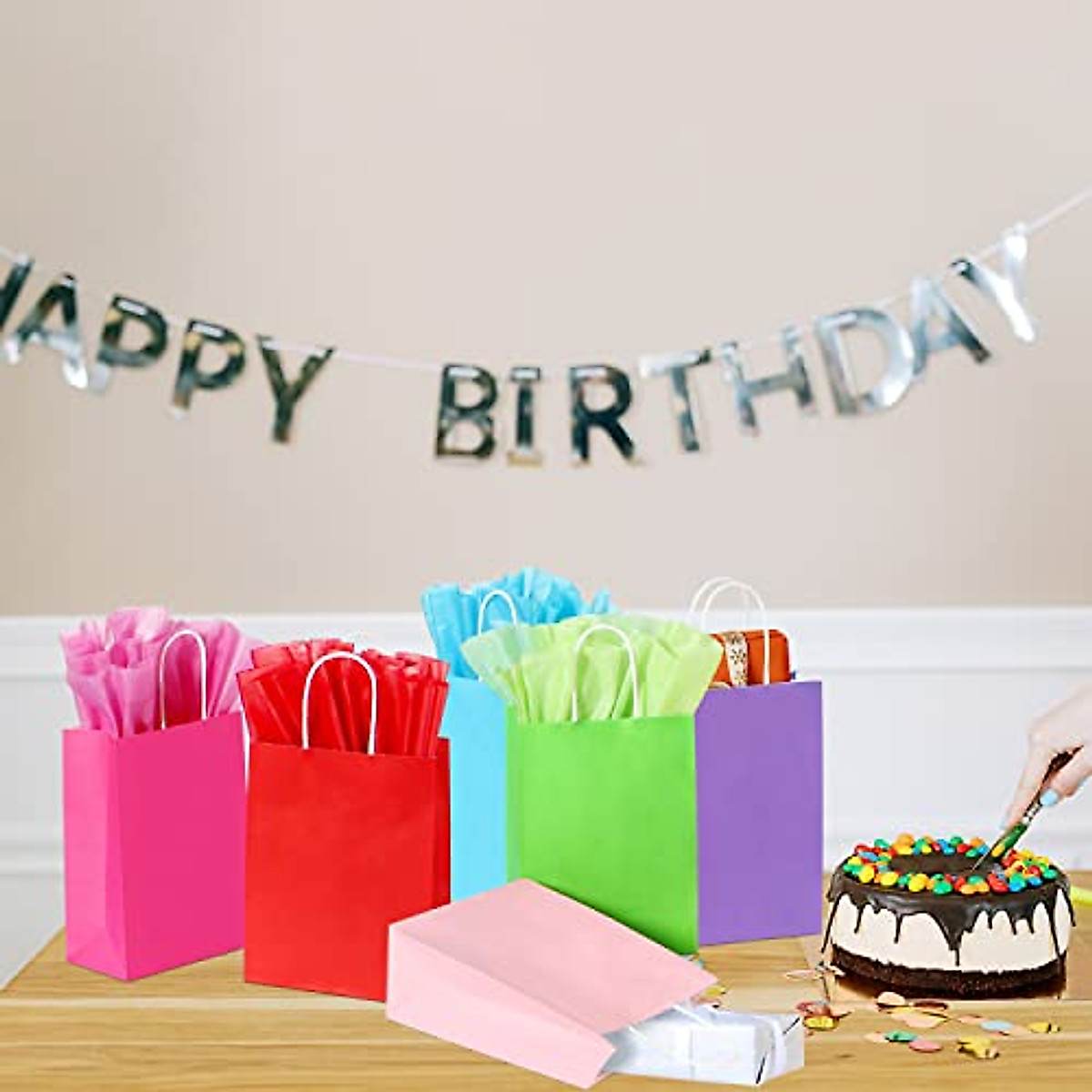 BLEWINDZ 32Pack Gift Bags with 32 Tissue Paper, 8Colors Party Bags with Handles, 10.6" Medium Size Rainbow Goodie Bags for Wedding, Birthday, Party Supplies