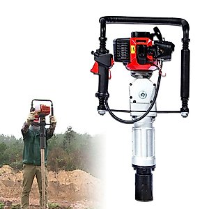 Pile Driver Hammer, 2 Stroke 52CC Gas Powered T Post Driver Hammer Drills Engine Air Cooling Single Cylinder Gasoline Petrol Garden Fencing Tool Machine with 2 Post Driving Head