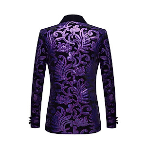 PYJTRL Men Fashion Velvet Sequins Floral Pattern Suit Jacket Blazer (Purple, L)