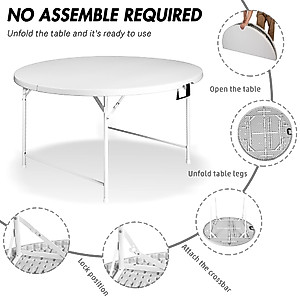 Vilobos White Patio Plastic Folding Table, 65” Dia Round Dining Table Comfortable for 8 to 10 Seat, Portable Table for Party Banquet Conference Wedding Festival Events