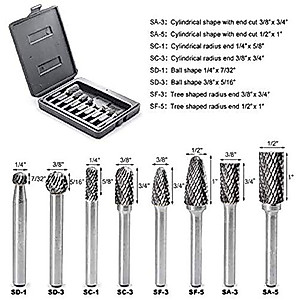 YUFUTOL Carbide Burr Set with 1/4''(6.35mm) Shank 8pcs Double Cut Solid Carbide Rotary Burr Set for Die Grinder Drill, Metal Wood Carving, Engraving,Polishing,Drilling