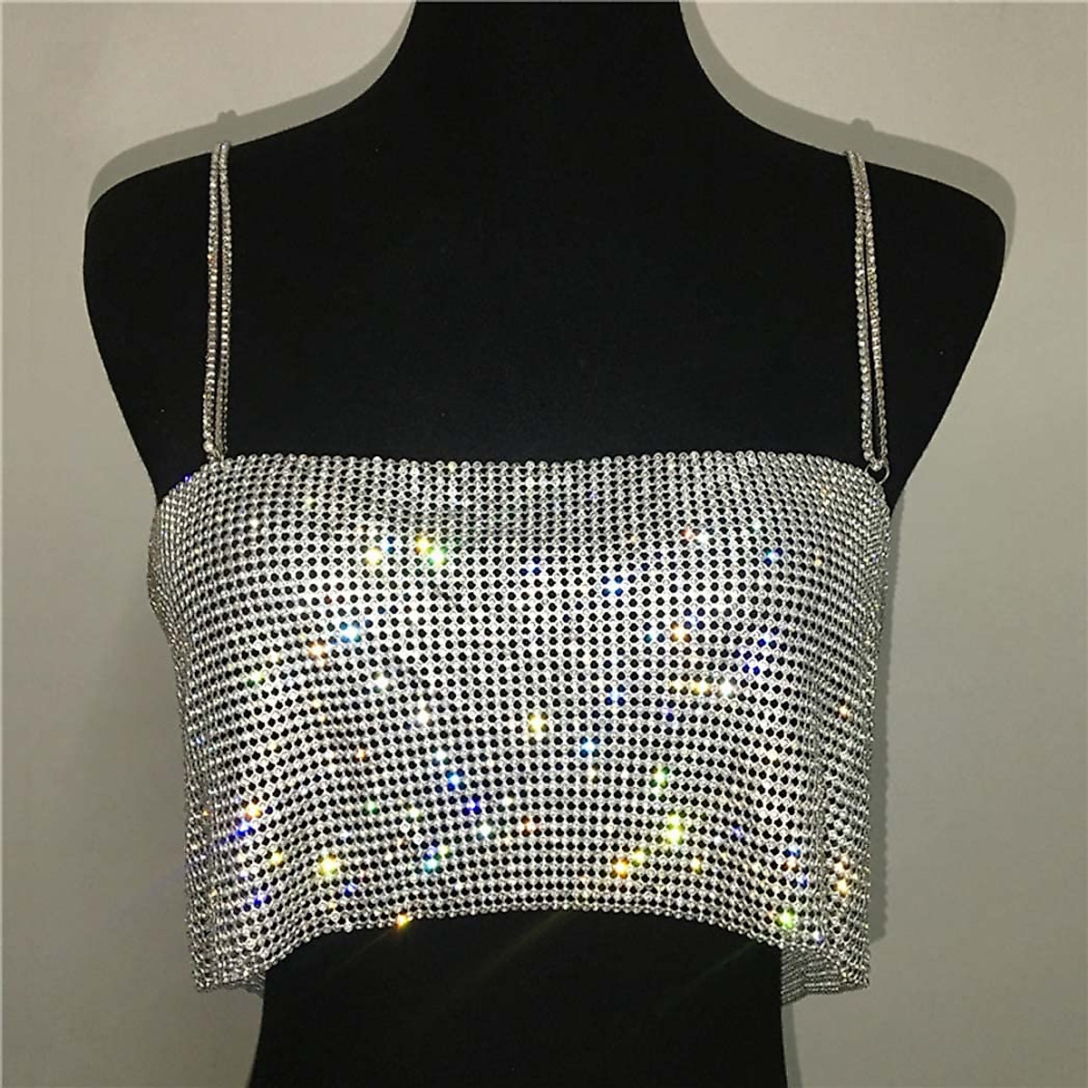 Zoestar Sparkly Rhinestone Bra Top Jewelry Silver Chest Body Chain Crystal Disco Festival Rave Club Top for Women