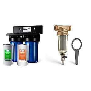 iSpring WGB21B 2-Stage Whole House Water Filtration System & WSP50 WSP-50 WSP-50-Reusable Whole House Spin Down Sediment Water Filter 50 Micron, 1" MNPT + 3/4" FNPT, 50 Micron, Brass