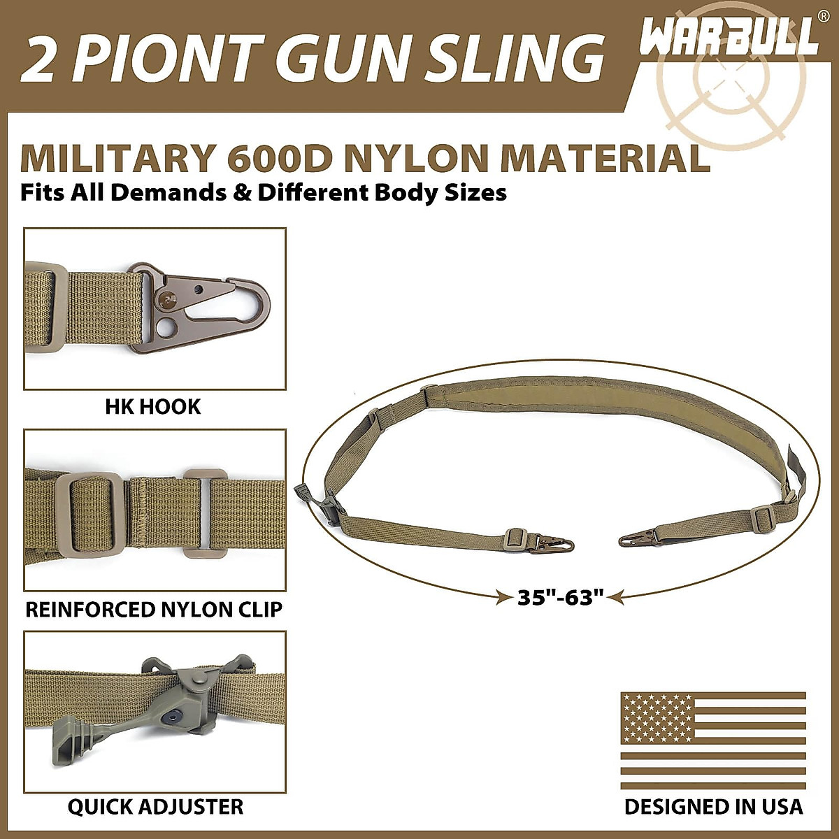 WarBull Padded 2 Point Sling, QD Swivel 2 Point Sling with HK Hook, Tactical Gun Sling for Rifle, Shotgun, and Crossbow, Airsoft for Hunting Shooting with Keychain Gift (Coyote Brown)