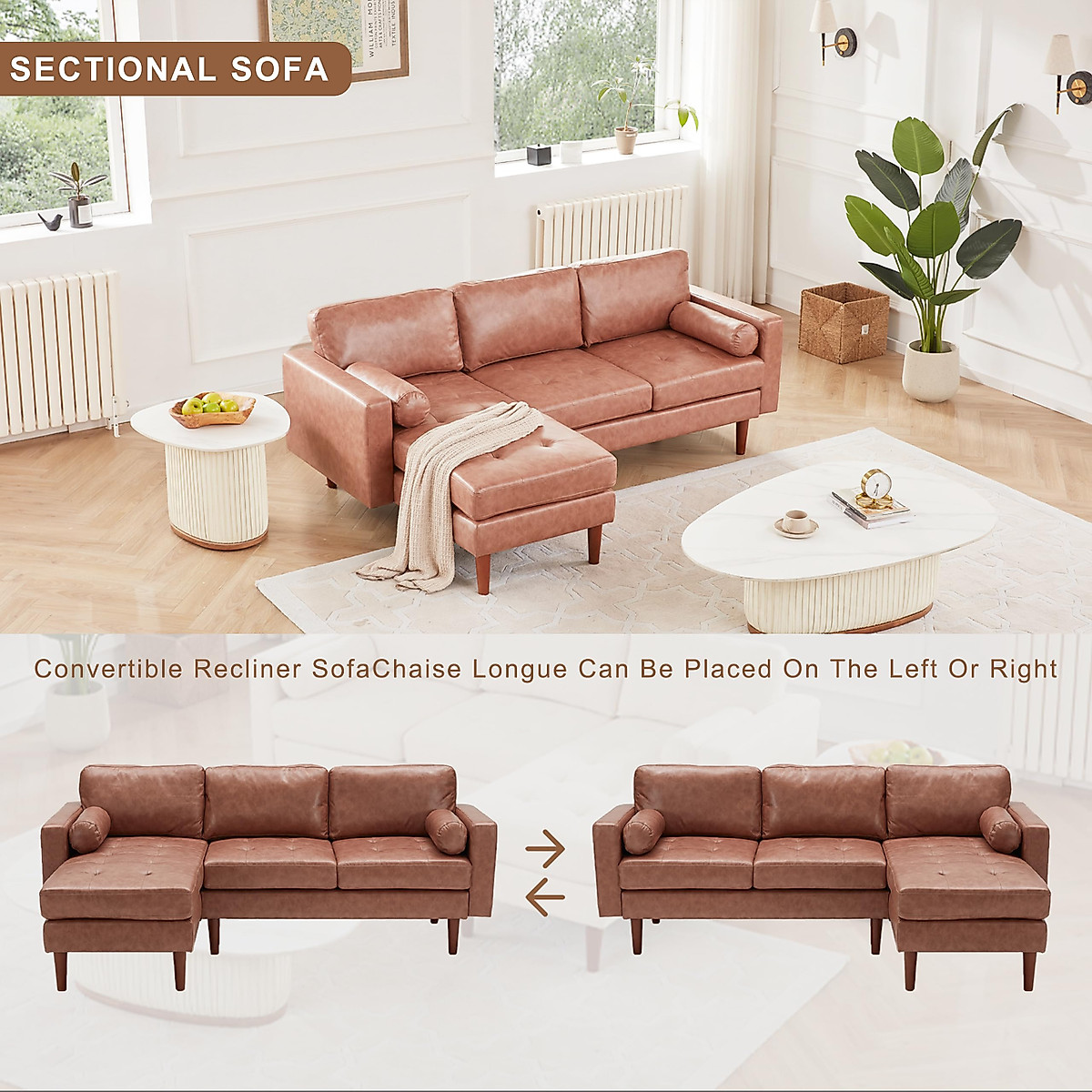 Tbfit 80"W Sectional Sofa Couch, L Shaped Couch with Reversible Chaise, Mid Century Modern Faux Leather Couches for Living Room Apartment Small Space, Convertible Sofa with Tufted Seat Cushion, Brown