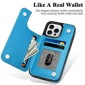 MMHUO for iPhone 15 Pro Case with Card Holder, Flower Magnetic Back Flip Case for iPhone 15 Pro Wallet Case for Women, Protective Case Phone Case for iPhone 15 Pro,Blue