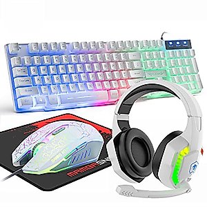 Wired Gaming Keyboard and Mouse Headset Combo,Rainbow LED Backlit Wired Keyboard,Over Ear Headphone with Mic,Rainbow Backlit Gaming Mice,Mouse Pad,for PC,Laptop,Mac,PS4,Xbox(White)