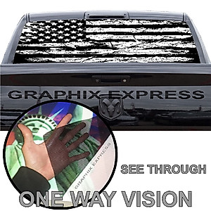 GRAPHIX EXPRESS Truck Back Window Graphics - Black and White American Flag Decal (P531 - Patriotic USA Flag - Universal See Through Rear Window Vinyl Wrap - Full Window Decals for Trucks