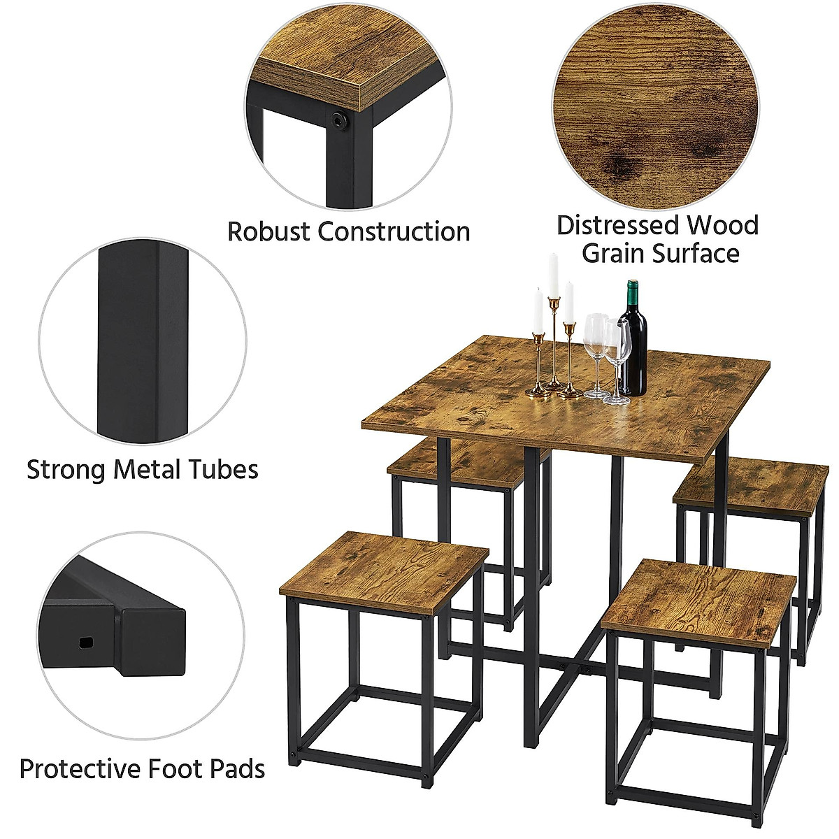 Yaheetech 5 Piece Dining Table & Chair Set - Compact Wood Table Sets Home Furniture for Kitchen Dining Room Small Space -Rustic Brown