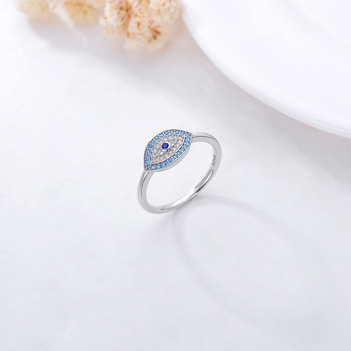 PELOVNY Evil Eye Ring Sterling Silver 925 - Turkish Evil Eye Ring - Light Blue CZ All Seeing Eye Rings For Women Size 8