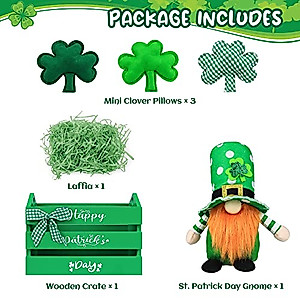 St Patricks Day Decorations for Home, Green Wooden Crate with Irish Plush Gnome & 3 Clover Pillows, Happy St Patrick‘s Day Table Centerpiece, Shamrock Tiered Tray Decor Table Mantle Shelf Irish Gifts