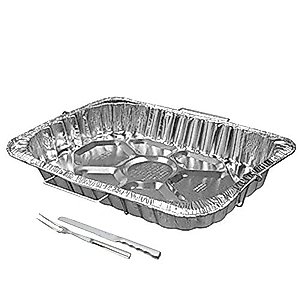 Tiger Chef 1-Pack, Disposable Durable Aluminum Large Rectangle Turkey Roasting Pan with Handle Rack, Includes Stainless Steel Meat Knife and Fork, Extra Large Size 18 x 15.25 x 2.5 inches deep