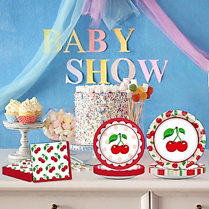 OBUSATT 100 Pcs Cherry Fruit Party Supplies Tableware Set Summer Tropical Picnics Dinnerware Set Disposable Paper Plates Napkins for Baby Shower Birthday Party Decoration for 25 Guests