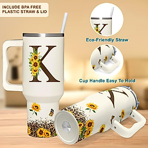 Personalized Birthday Gifts For Women - Sunflowers Monogrammed Cup For Boss Day, Christmas - Customized Gifts For Women, Mom, Wife, Coworkers, Boss Lady, Her - Custom Tumbler With Handle 40oz
