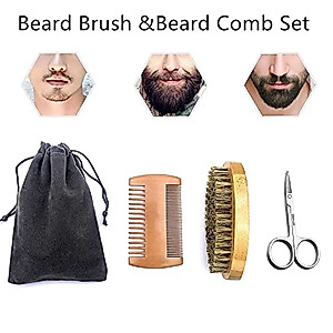 Beard Kit Brush Comb Scissors with Storage Bag Natural Boar Bristle Brush and Dual Action Pear Wood Comb Stocking Stuffers Gift set