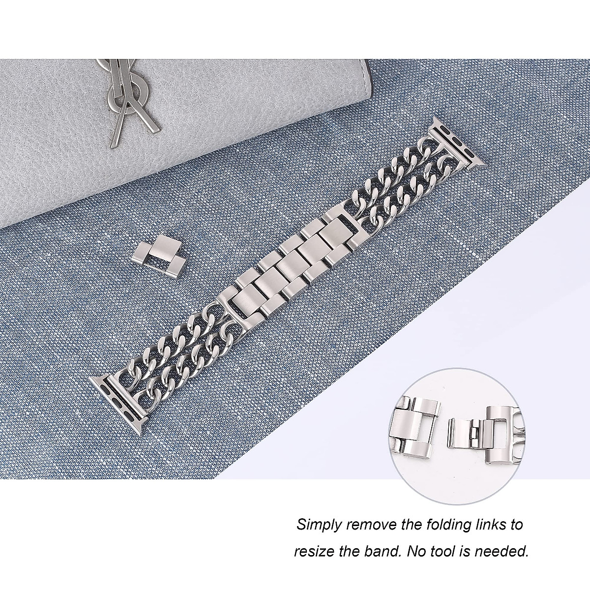 Secbolt Bands Compatible Apple Watch 38mm 40mm 41mm iWatch Series 9 8 7 6 5 4 3 2 1 SE Stainless Steel Chain Links Replacement Strap, Silver