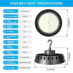 CoolRat High Bay Led Shop Lights, 240W 38,400LM 5000K UFO Led Hight Bay Light, Led High Bay Light for Commercial Industrial Warehouse Shop Factory Barn Garage Area Lighting Fixture
