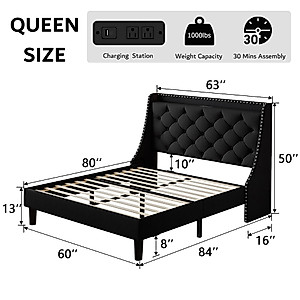 iPormis Queen Bed Frame with 16" Comfort Wingback & Charging Station,Upholstered Platform Bed with Button Tufted Storage Headboard, Solid Wood Slats Support, No Box Spring Needed, Black